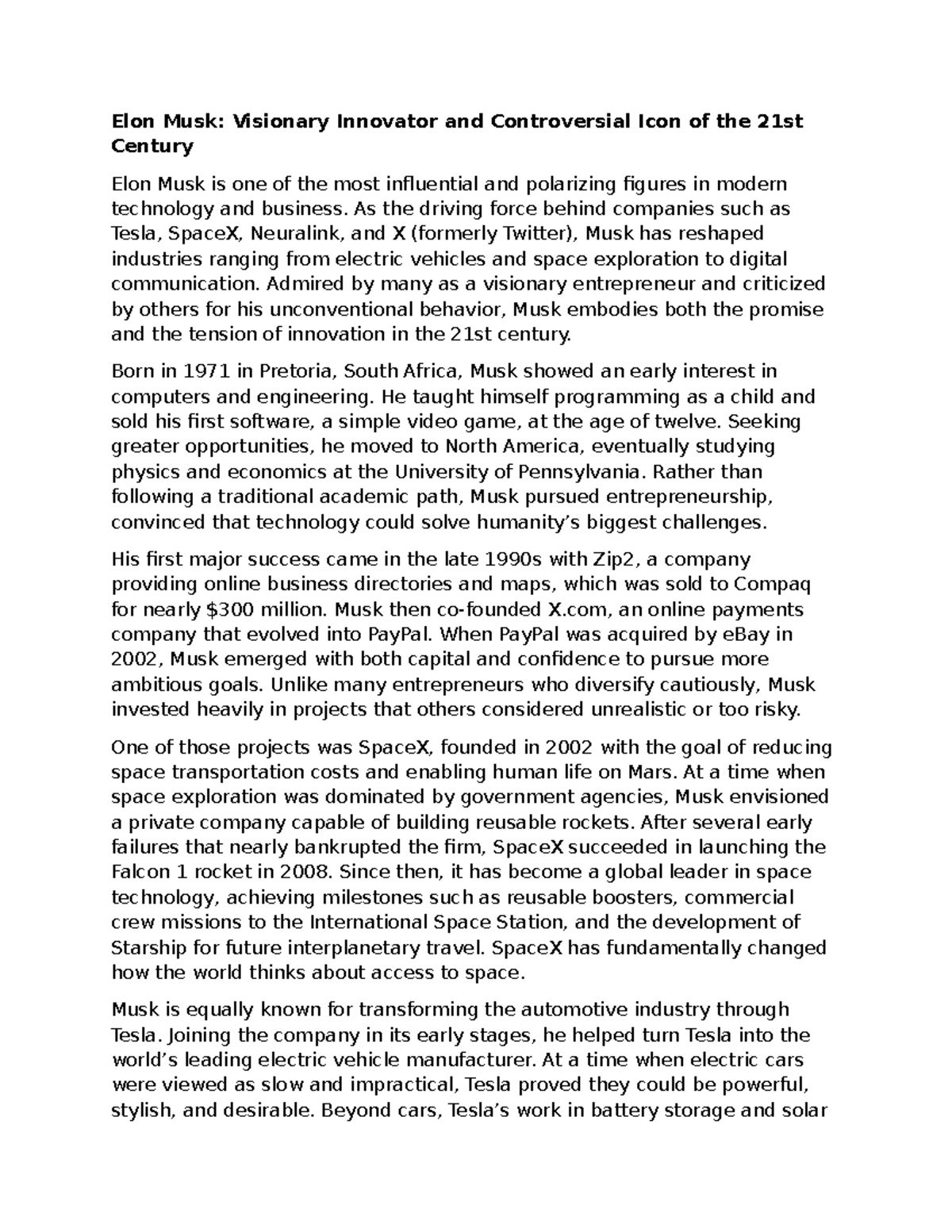 Elon Musk: Visionary Innovator - Notes on His Impact and Legacy - Studocu