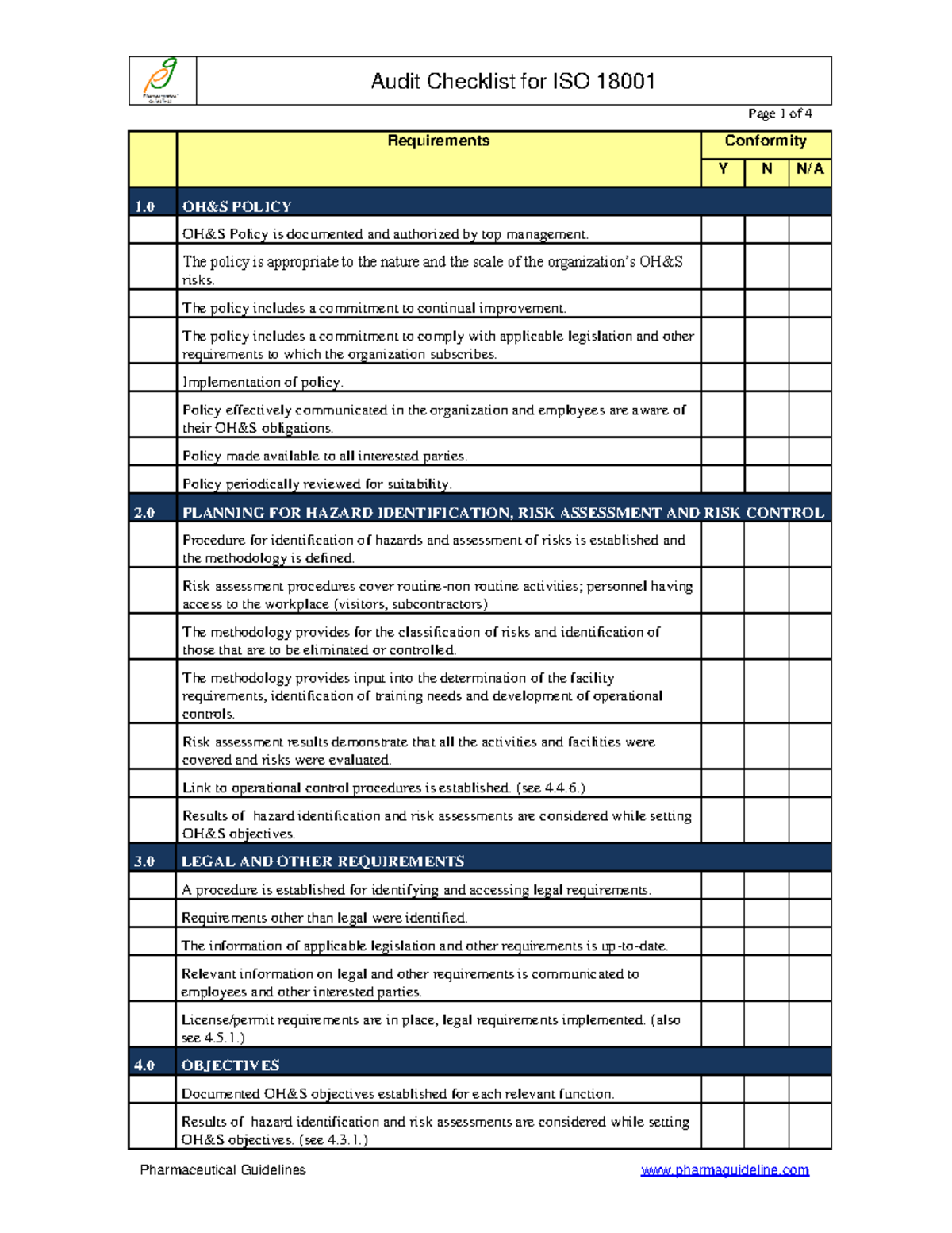 ISO 18001 Audit Checklist for Pharmaceutical Guidelines - Studocu