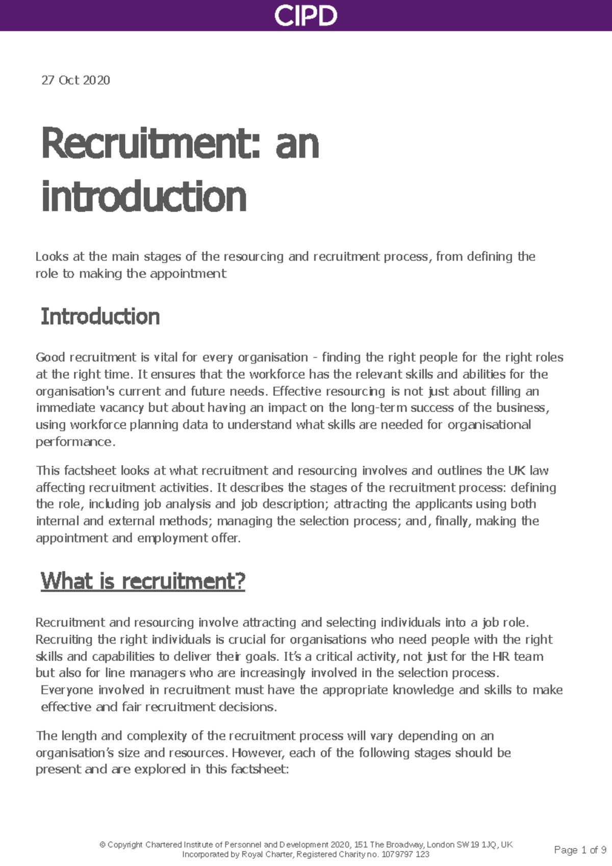 004 CIPD Recruitment and Induction Process Factsheet Guide - Studocu