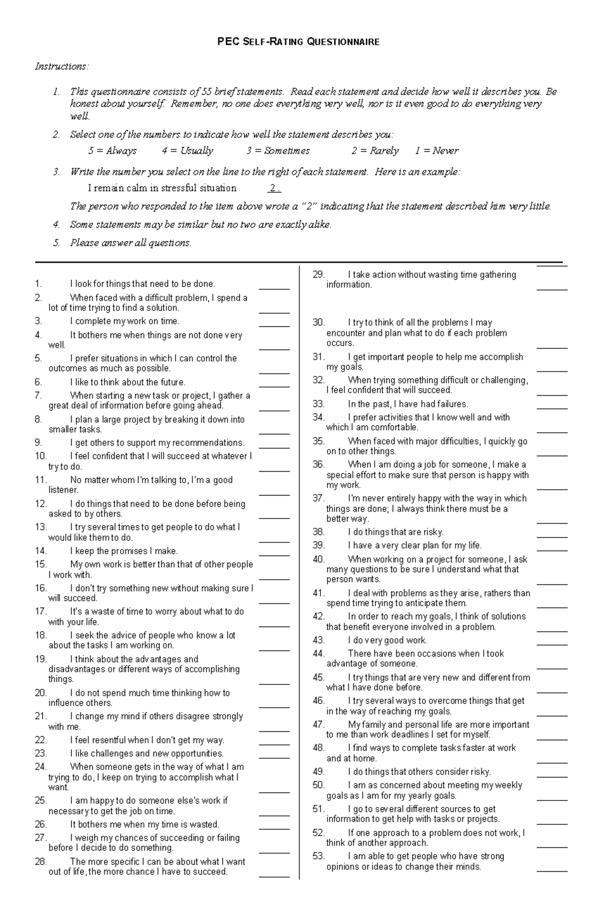PECS Self-Rating Questionnaire: Instructions and Scoring Guide - Studocu