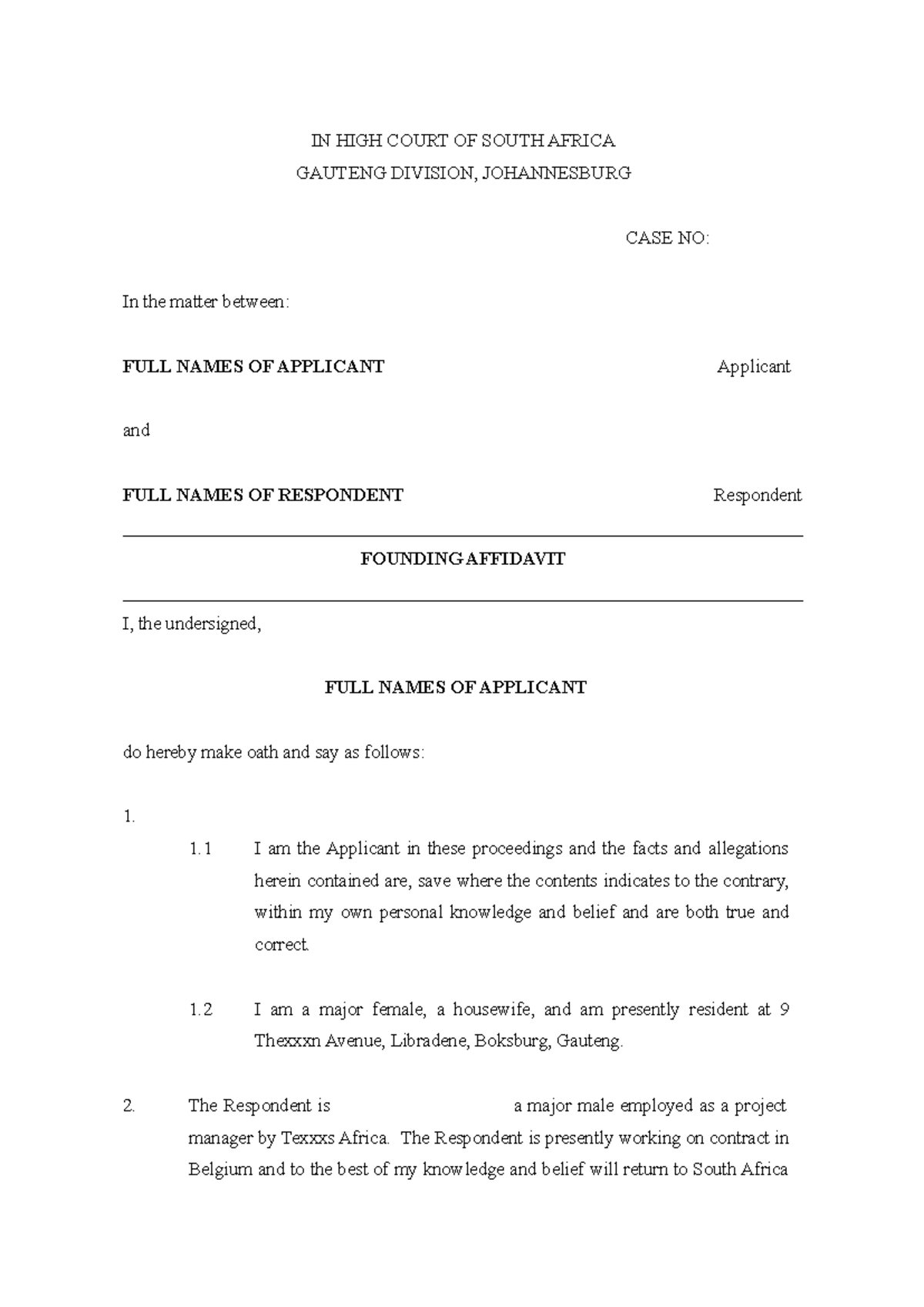 Rule 43 - Affidavit for Maintenance & Custody in Divorce Proceedings ...