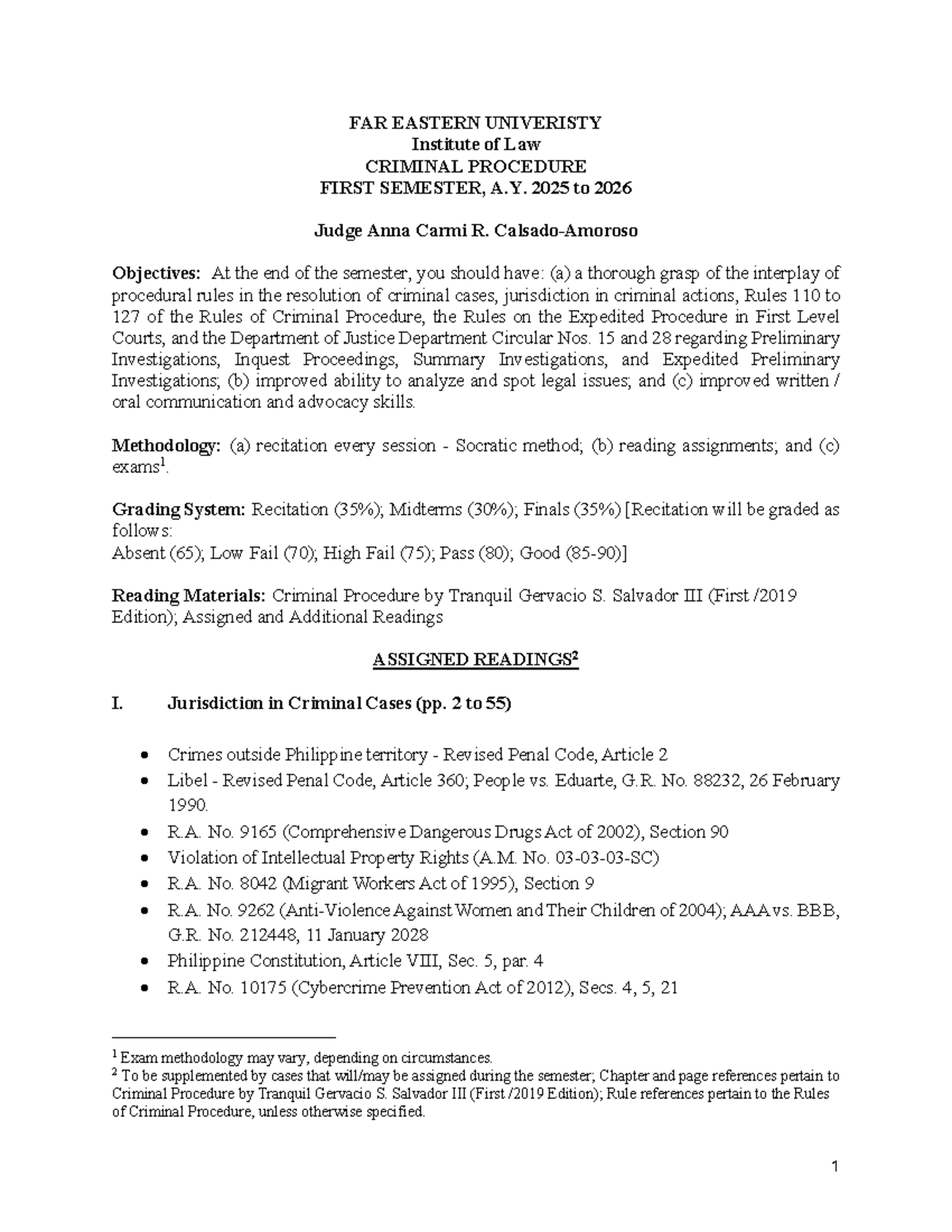 FAR EASTERN UNIVERSITY Law Institute CRIMINAL PROCEDURE SYLLABUS A.Y ...