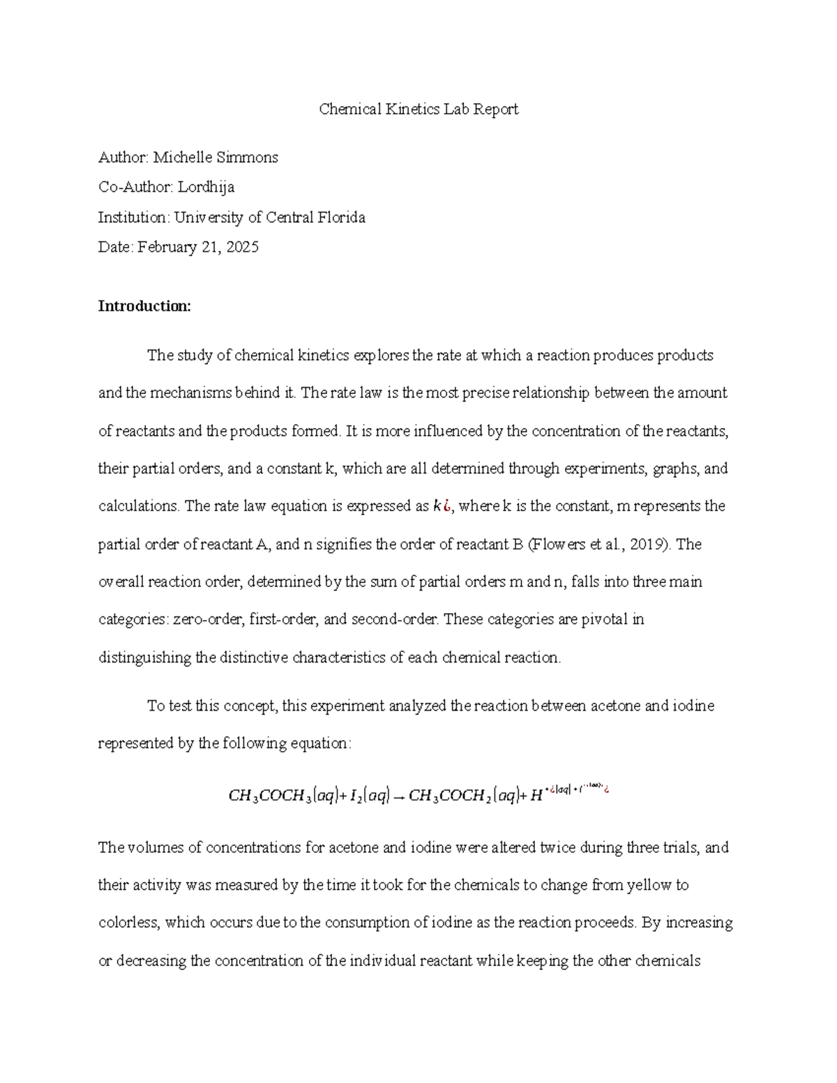 Chemical Kinetics Lab Report - Chemical Kinetics Lab Report Author ...