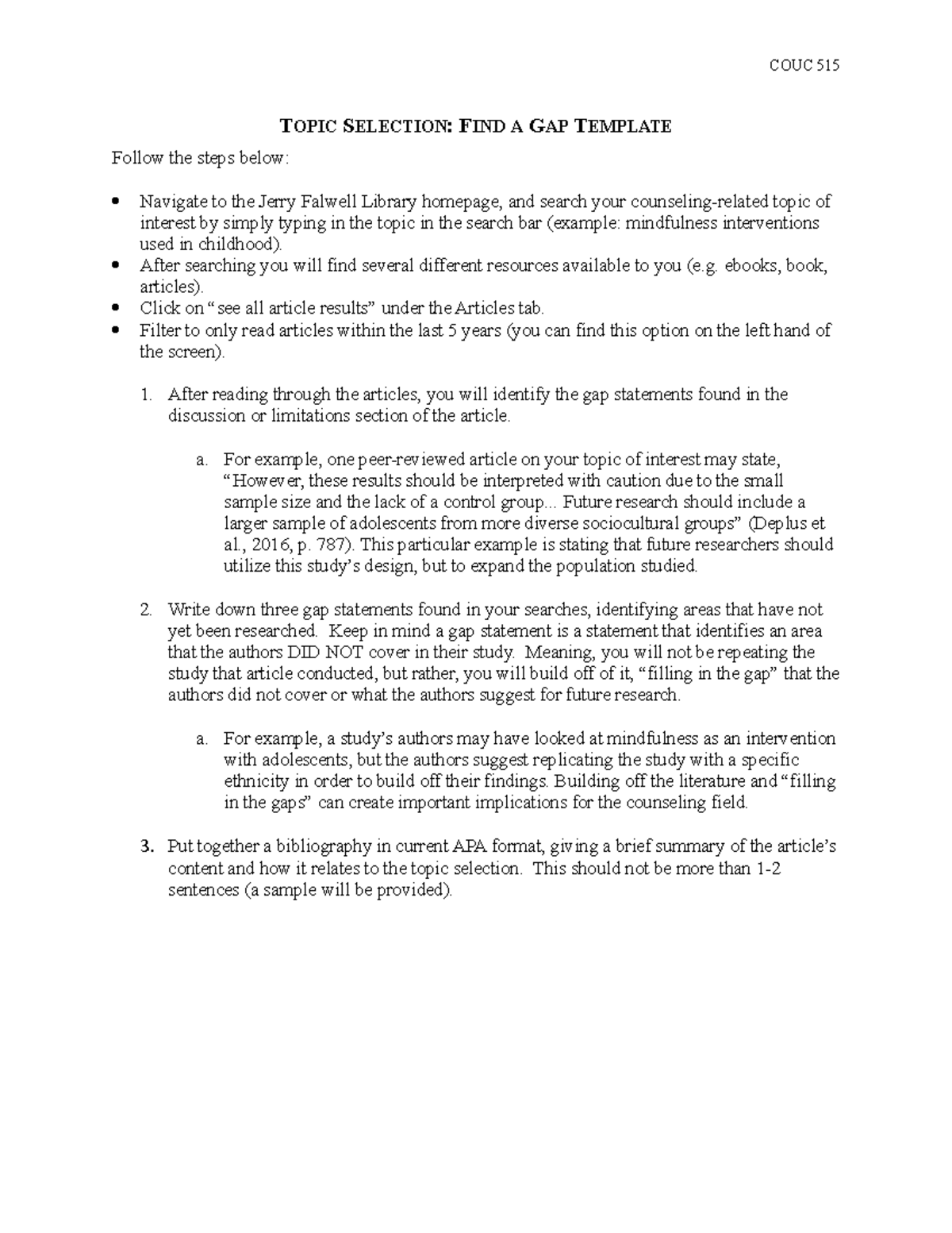 COUC 515 Topic Selection: Gap Analysis Template Guide - Studocu