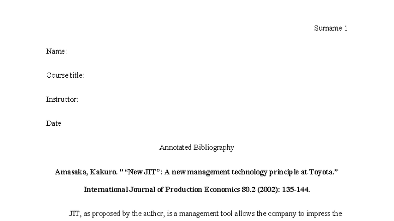 Annotated Bibliography for Management Course: JIT & TPS Insights - Studocu