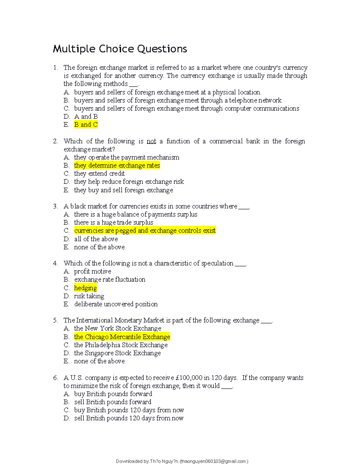 Tcqtc 5 - Economics Multiple Choice Questions on Foreign Exchange - Studocu