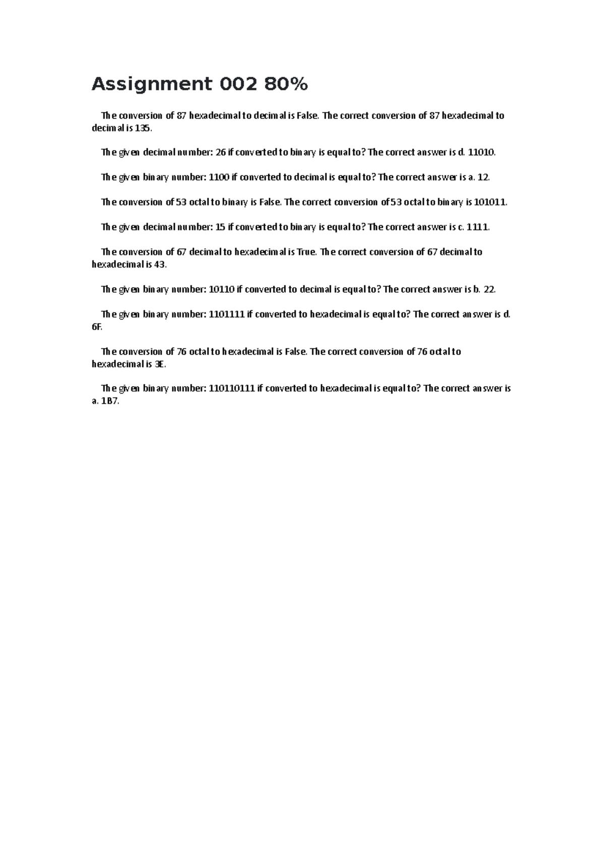 Assignment 002 80% - Answer Key with Correct Conversions and ...