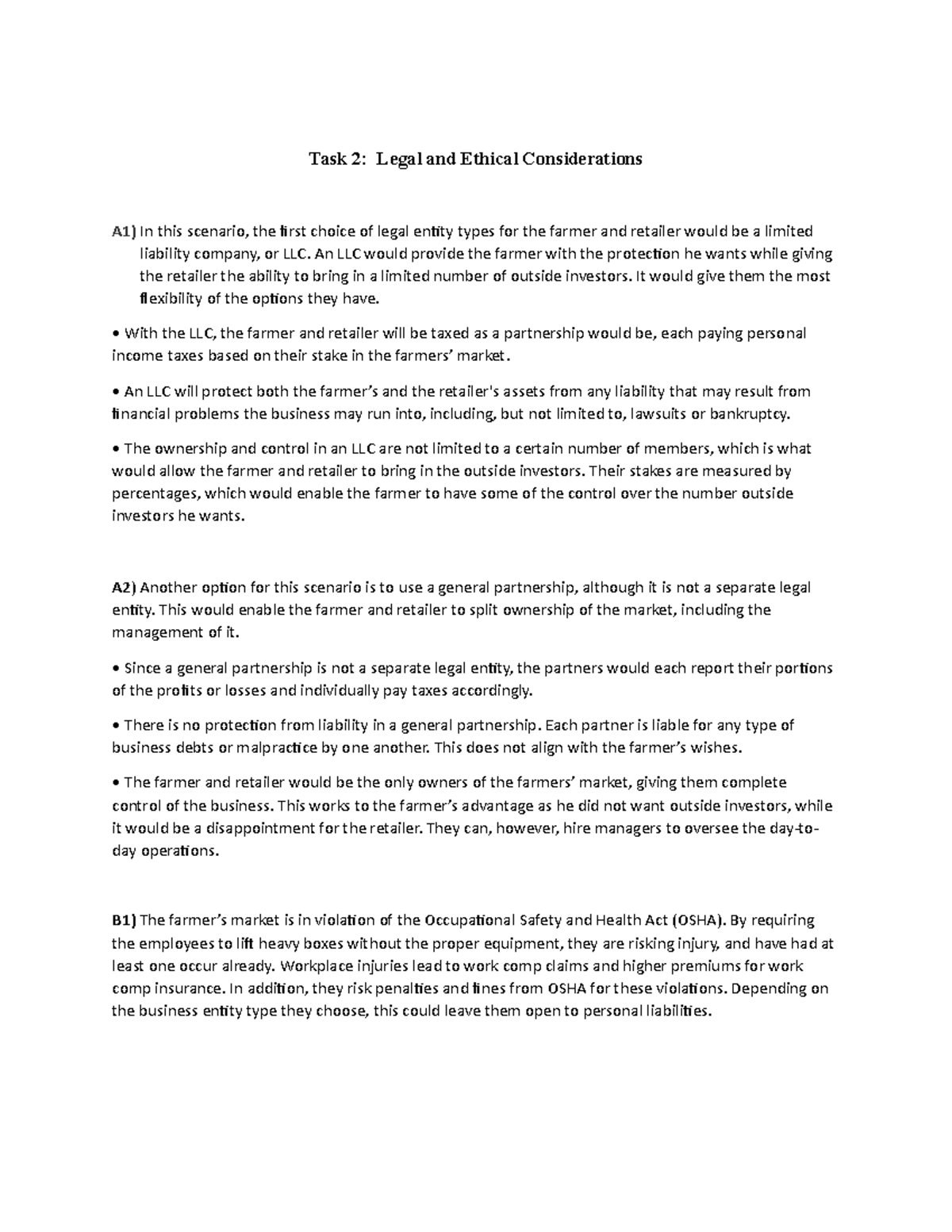 D078 Task 2 Legal & Ethical Considerations in Business Operations - Studocu