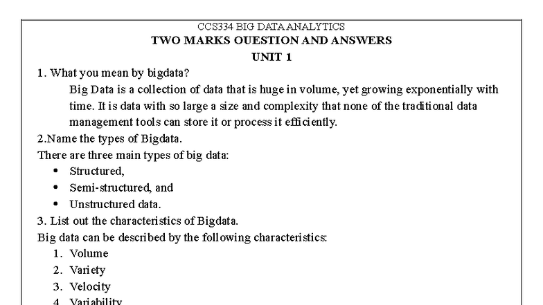 CCS334 BIG DATA ANALYTICS UNIT 1 TWO MARKS QUESTION BANK - Studocu