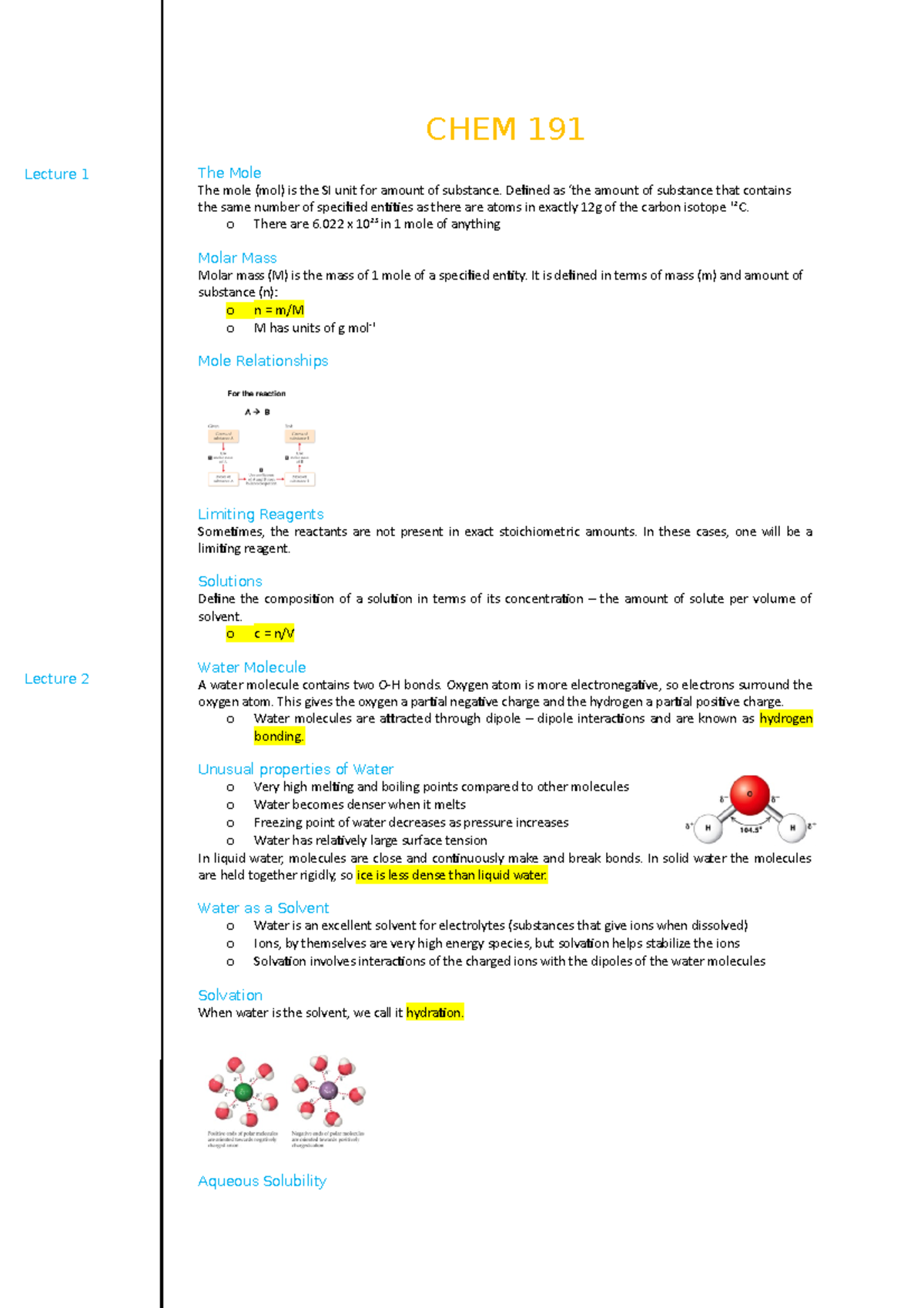 CHEM 191: Lecture Notes on Moles, Molar Mass, and Solutions - Studocu