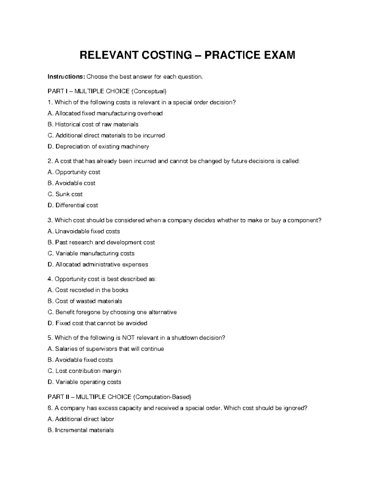 Relevant Costing Practice Exam: Multiple Choice Questions - Studocu