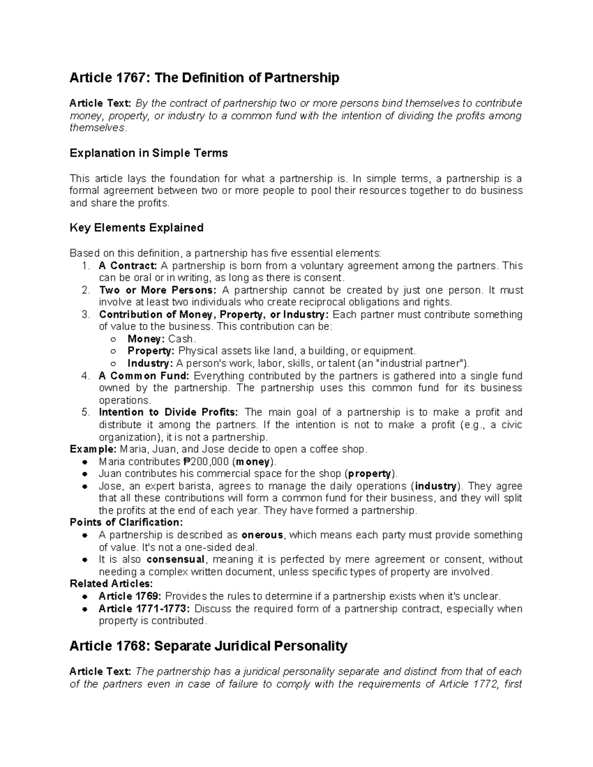 Chapter 1: Articles 1767-1783 on Partnership Definitions and Classifications - Studocu