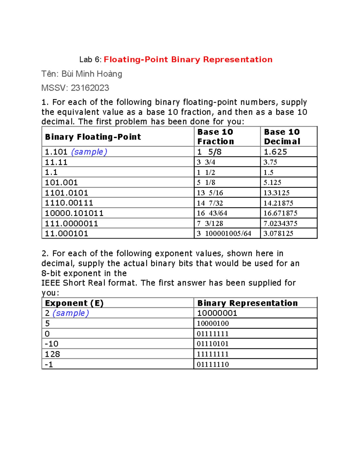 Lab 6 - cxssssss - Lab 6: Floating-Point Binary Representation Tên: Bùi Minh Hoàng MSSV: 231620 ...