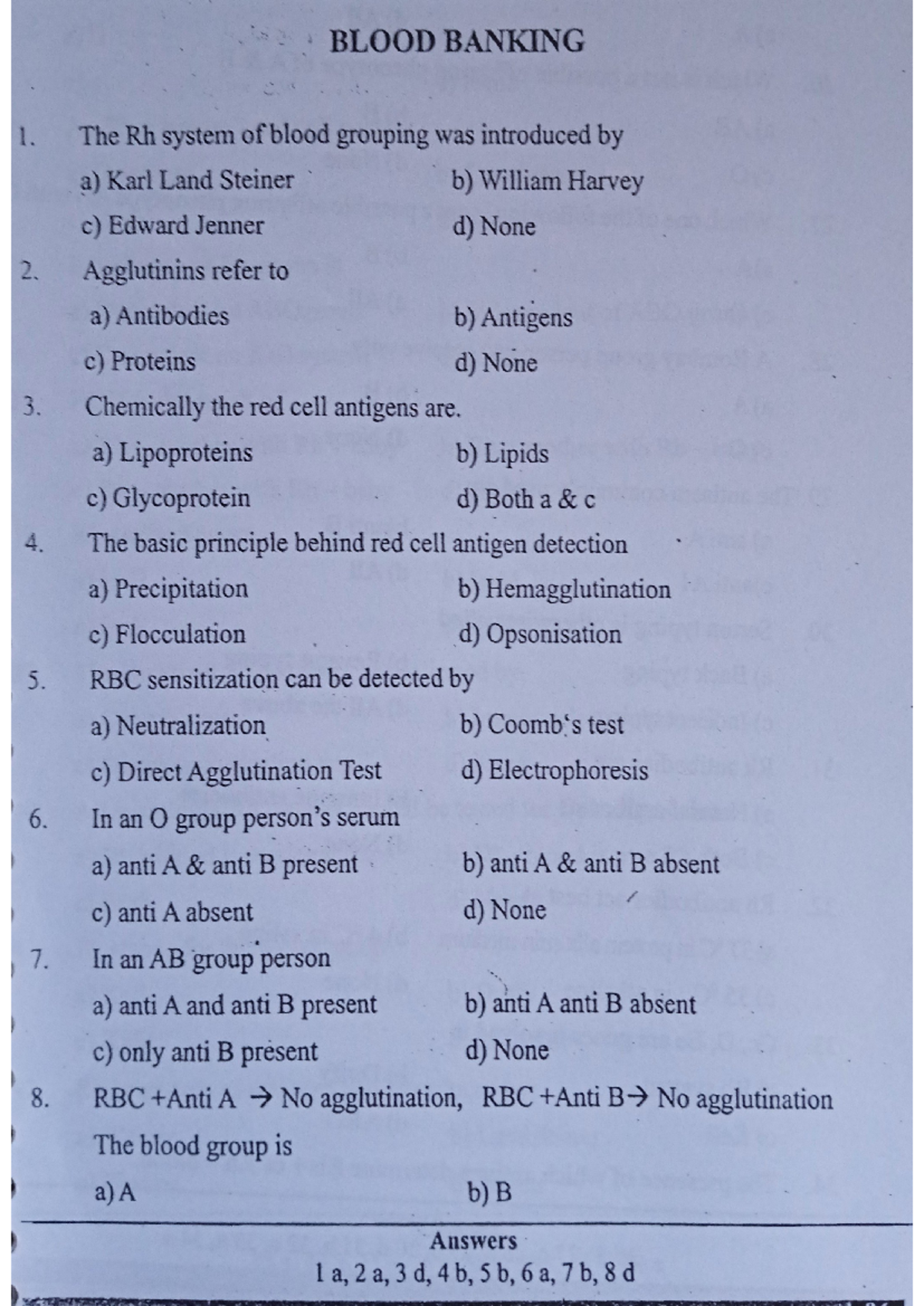 MCQ and Answers on Blood Banking Topics and Concepts - Studocu