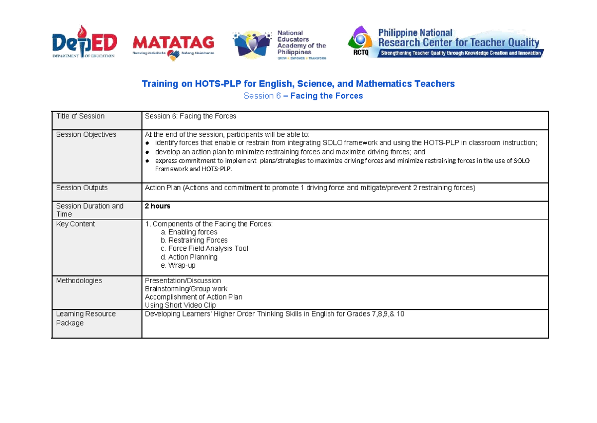 S6 SG Final Exam: Facing the Forces in Teaching HOTS-PLP - Studocu