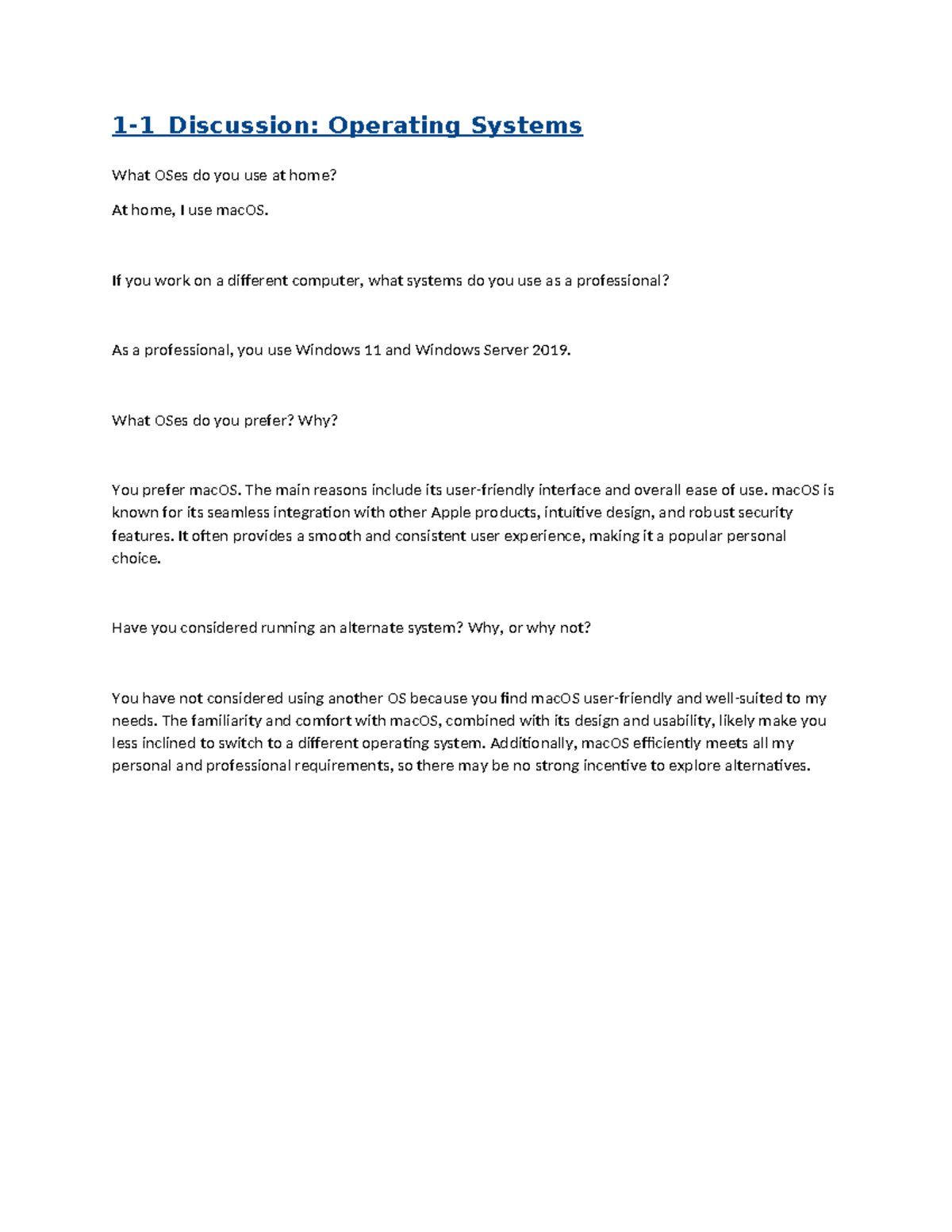 Discussion 1-1: Insights on Operating Systems and Preferences - Studocu