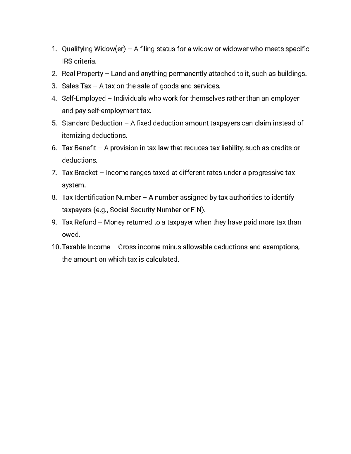 Tax Vocabulary Terms for IRS Filing Status and Deductions - Studocu