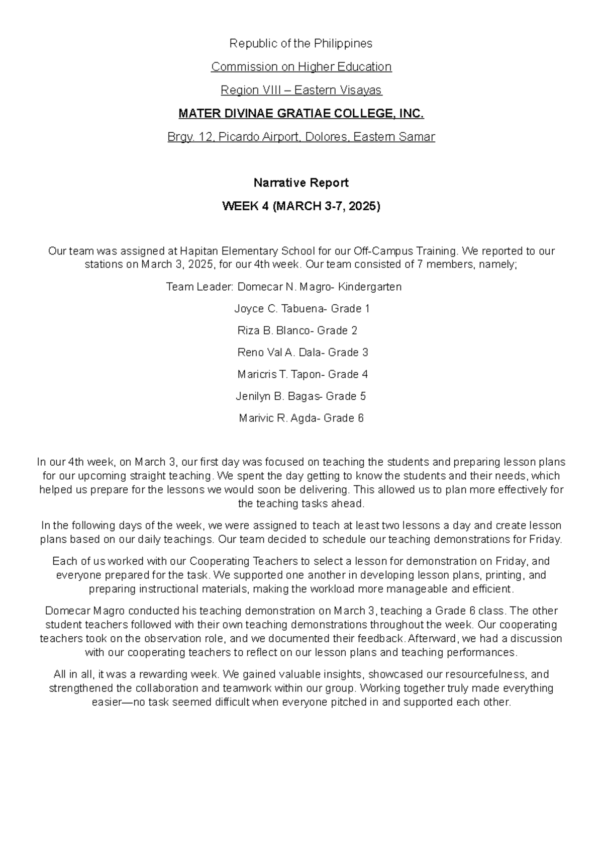 Weekly narrative report on training at Hapitan Elementary School - Studocu
