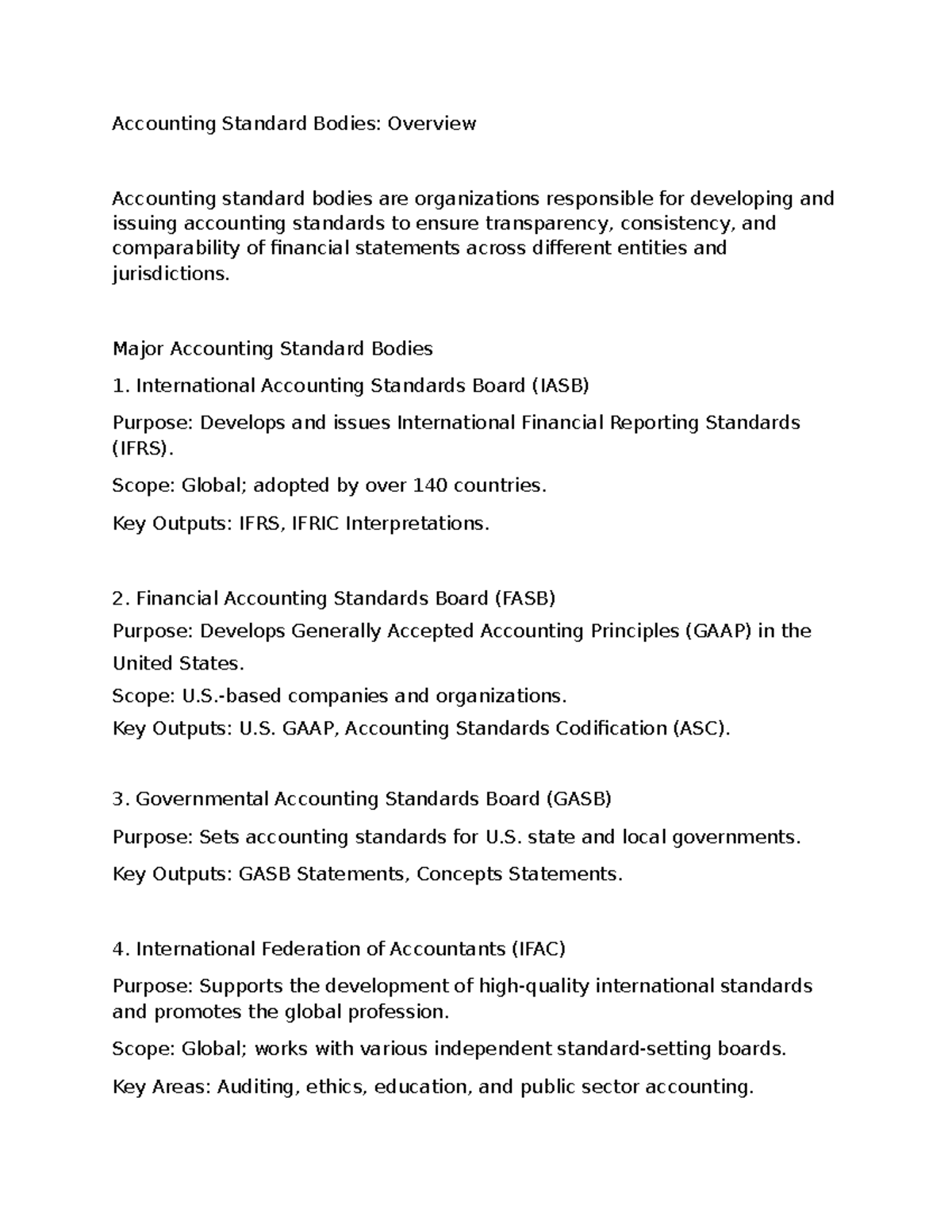 Acctng Std Bodies Overview: IASB, FASB, GASB, IFAC Insights - Studocu