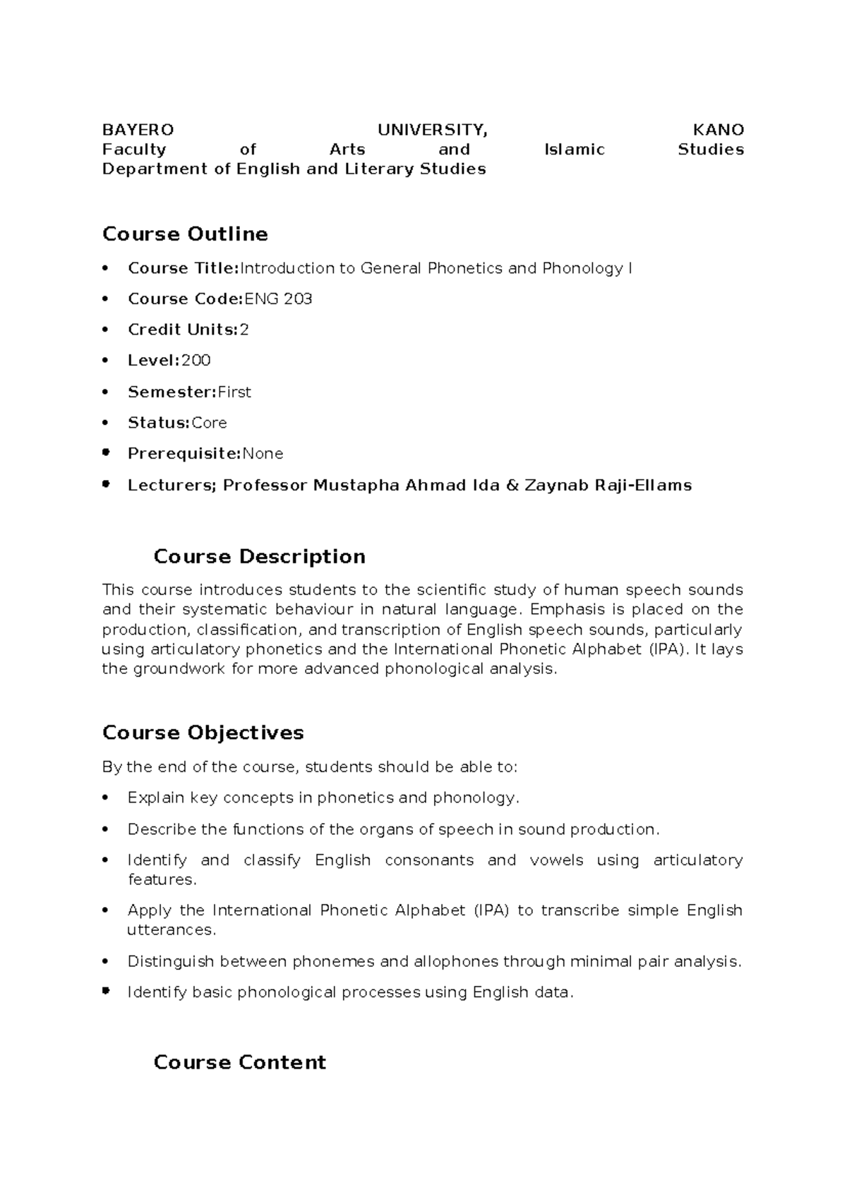 ENG 203: Intro to General Phonetics & Phonology I Course Outline - Studocu