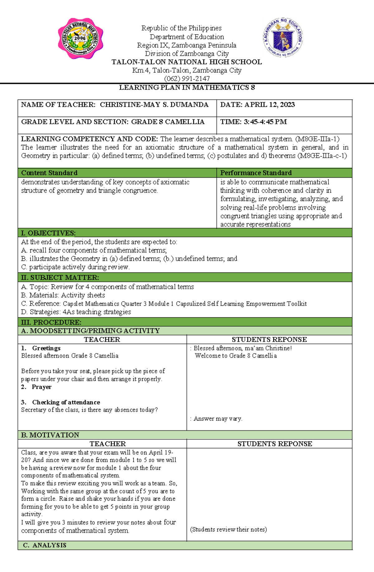 Mathematics 8 Lesson Plan: Q3 Review for Module 1 (A12) - Studocu