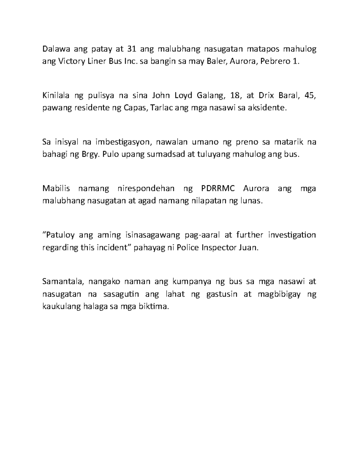 Halimbawa ng Balita: Aksidente ng Victory Liner Bus sa Baler - Studocu