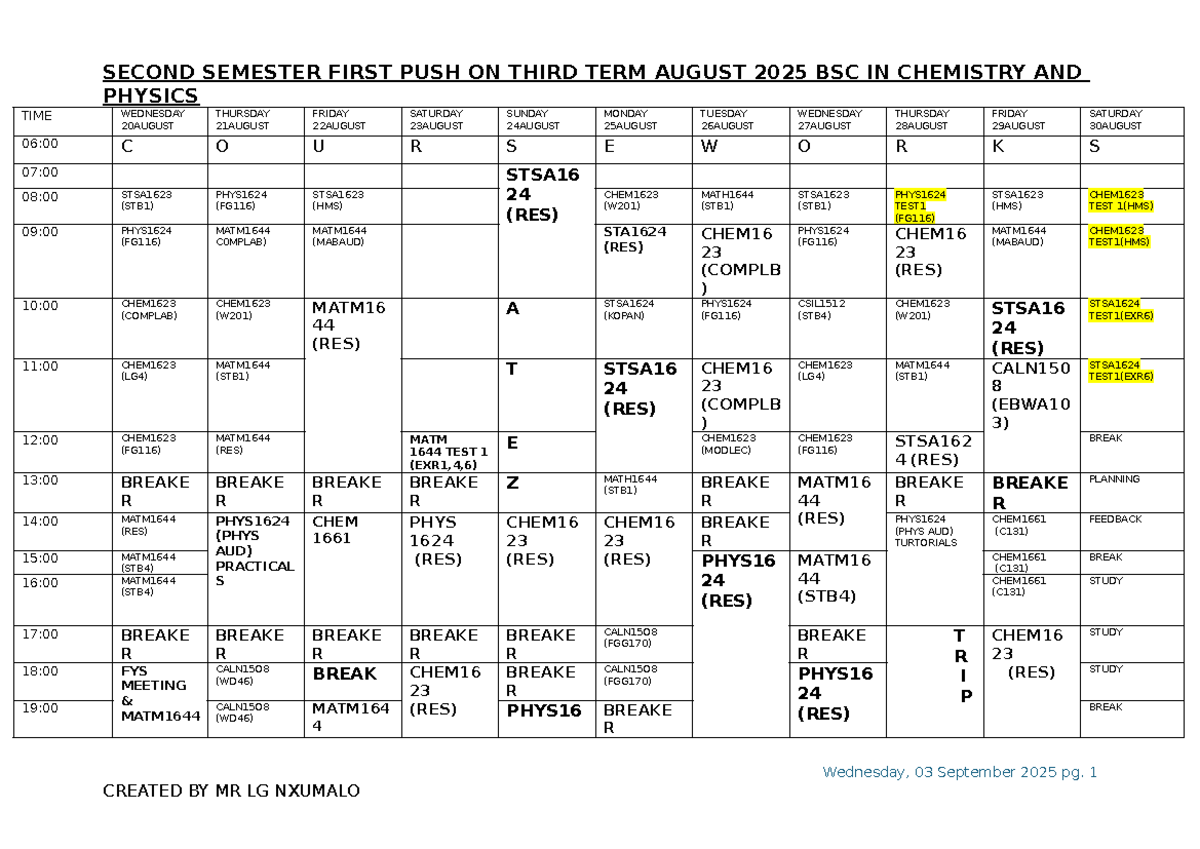 August 2025 BSC Chemistry & Physics 1st Push Schedule - Studocu
