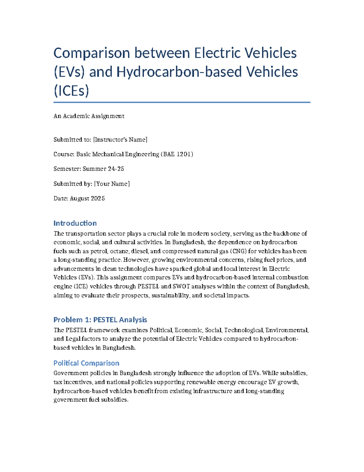 EV vs ICE Comparison: A PESTEL & SWOT Analysis (BAE 1201) - Studocu
