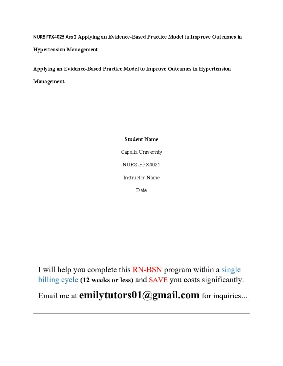 NURS FPX4025 Ass 2: EBP Model for Enhancing Hypertension Management ...