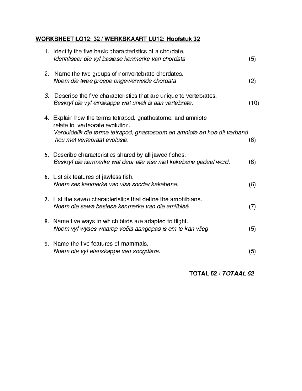 Worksheet LO12: Chordate Characteristics & Vertebrate Evolution - Studocu