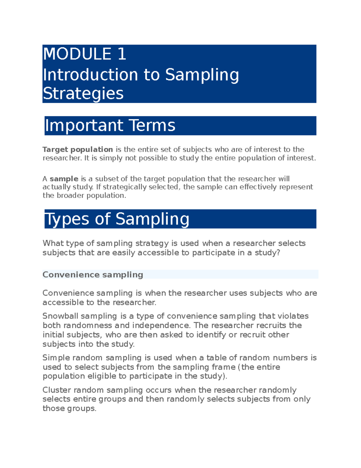 Sampling Strategies in Research: Edapt Week 4 NR 449 Overview - Studocu