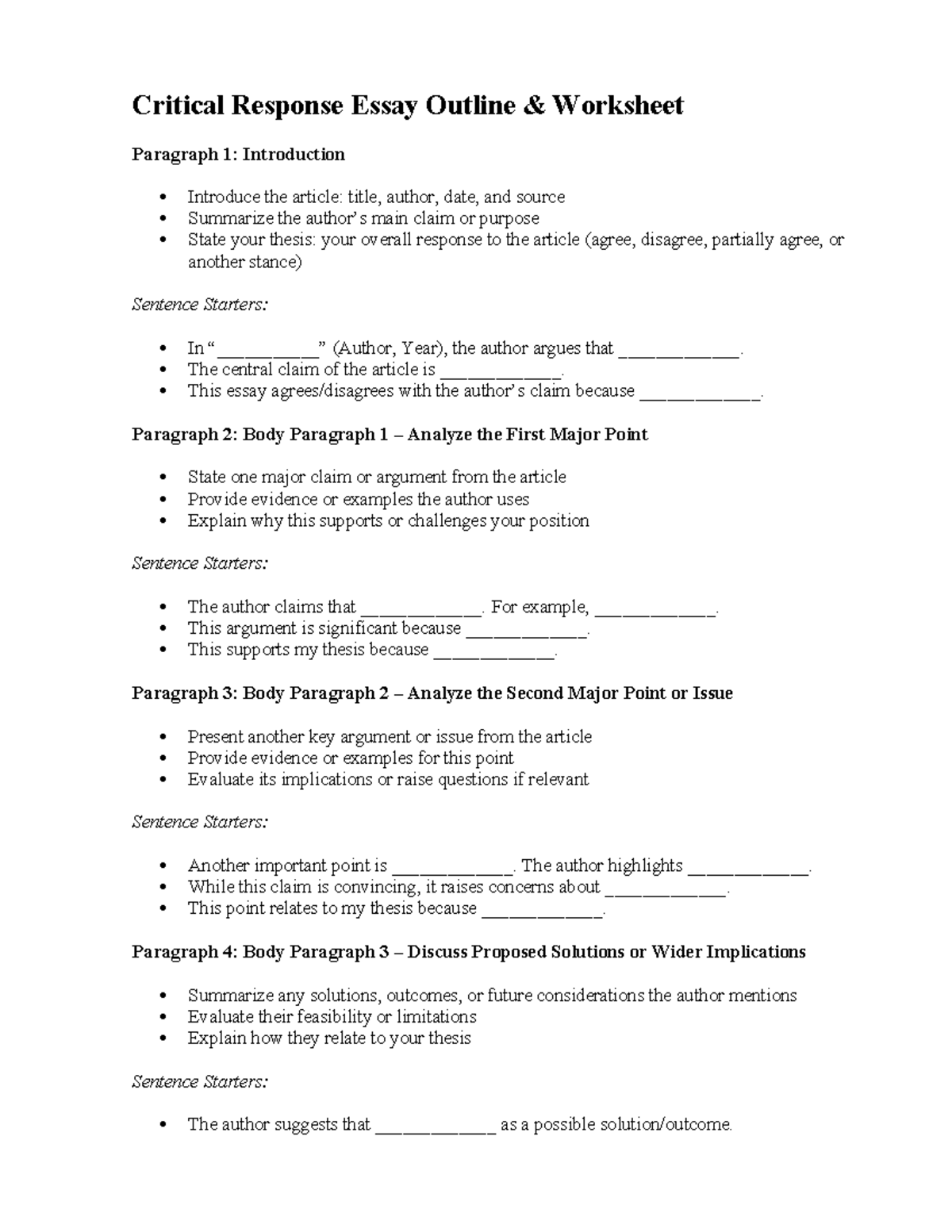 Critical Response Essay Outline Worksheet for ENG 101 - Studocu