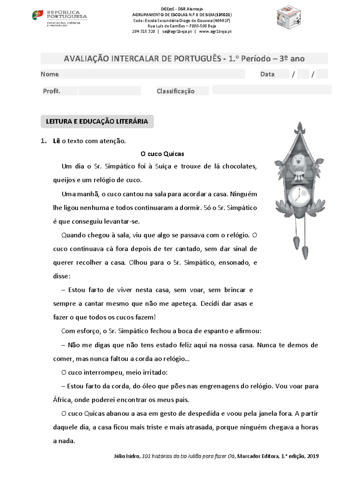 Avaliação Intercalar de Português 3º Ano (135021) - Ficha de Trabalho ...