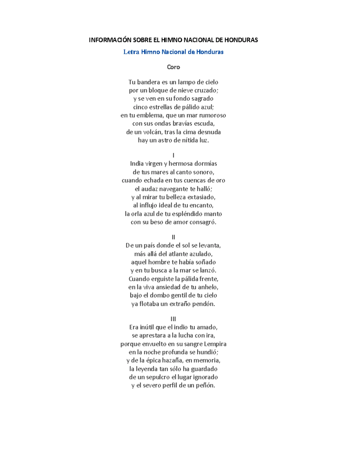Explicación de Estrofas del Himno Nacional de Honduras - Análisis - Studocu