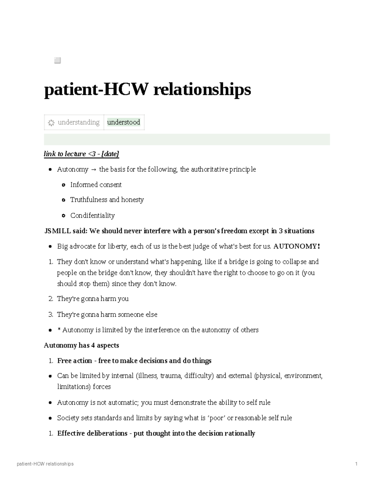 Understanding Autonomy in Healthcare: Lecture Notes for 2601 - Studocu