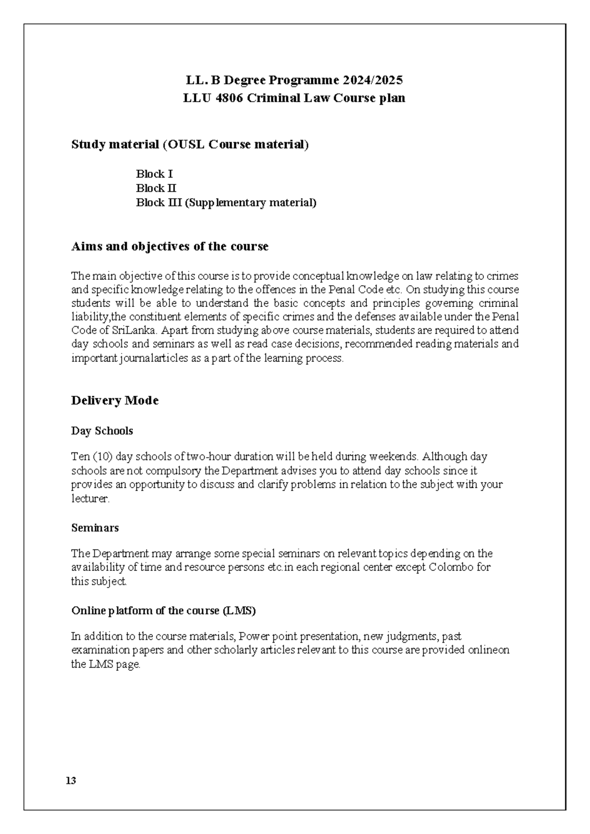 LLU 4806 Course Plan: Criminal Law Overview and Resources - Studocu