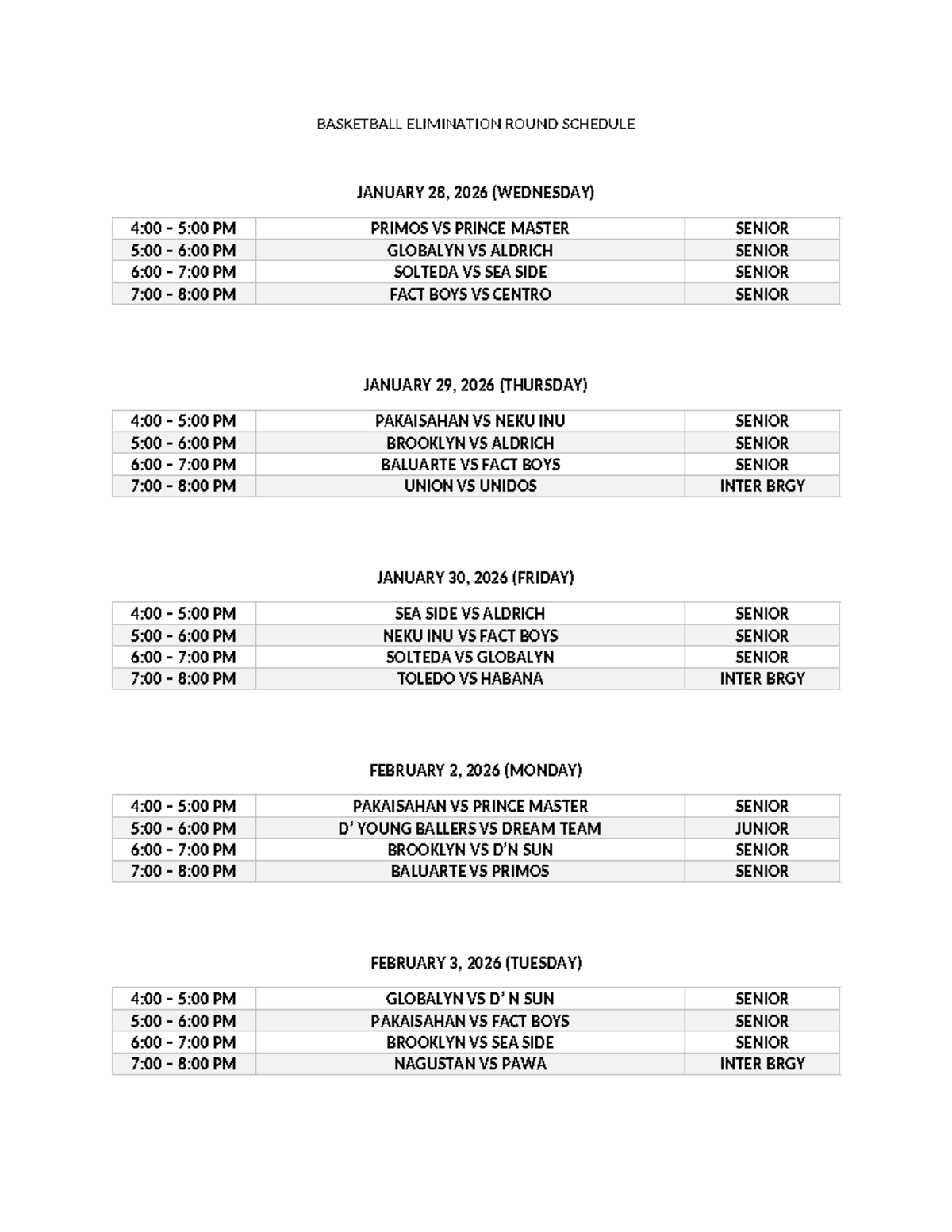 Basketball Elimination Round Schedule (Jan-Feb 2026) - Studocu