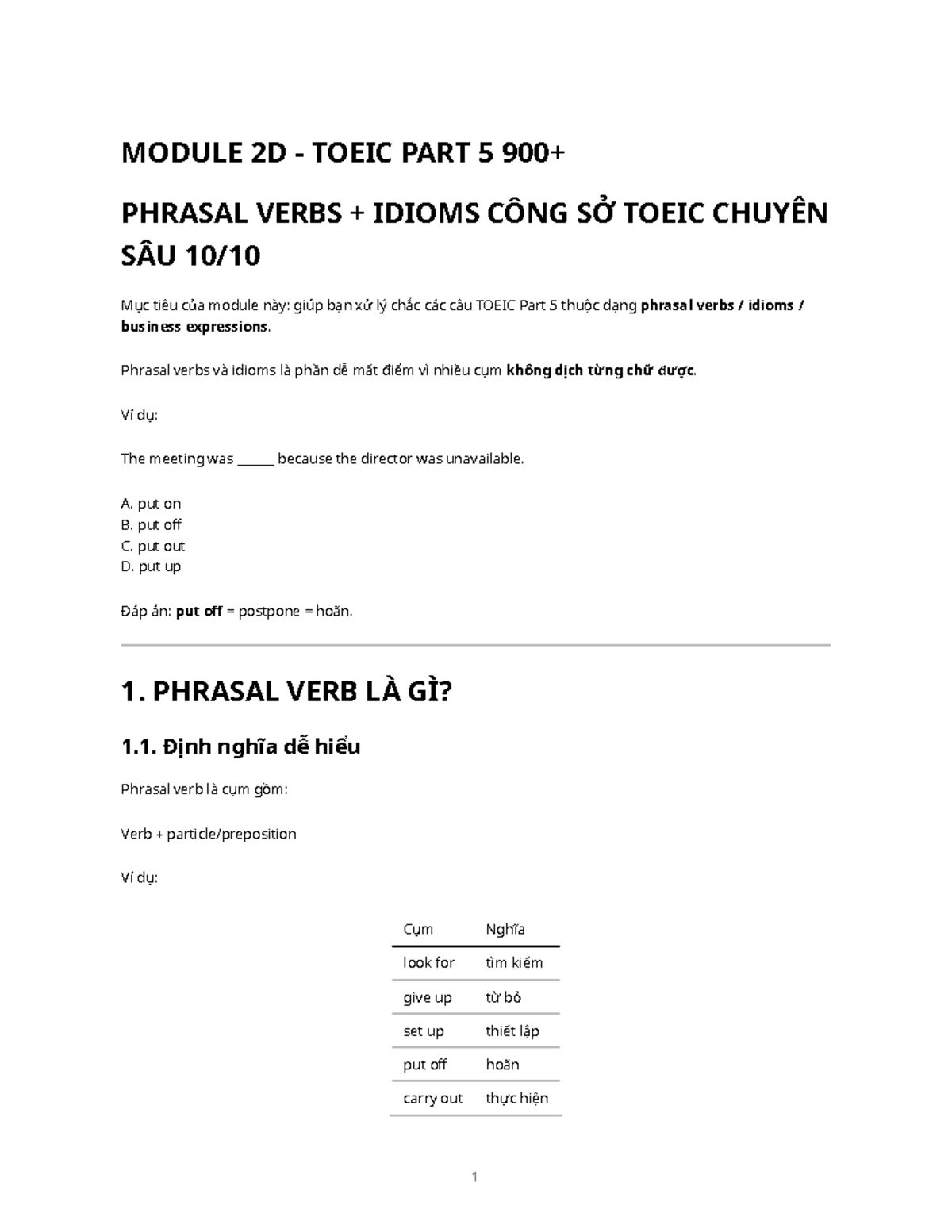 MODULE 2D - TOEIC PART 5: PHRASAL VERBS & IDIOMS IN BUSINESS - Studocu