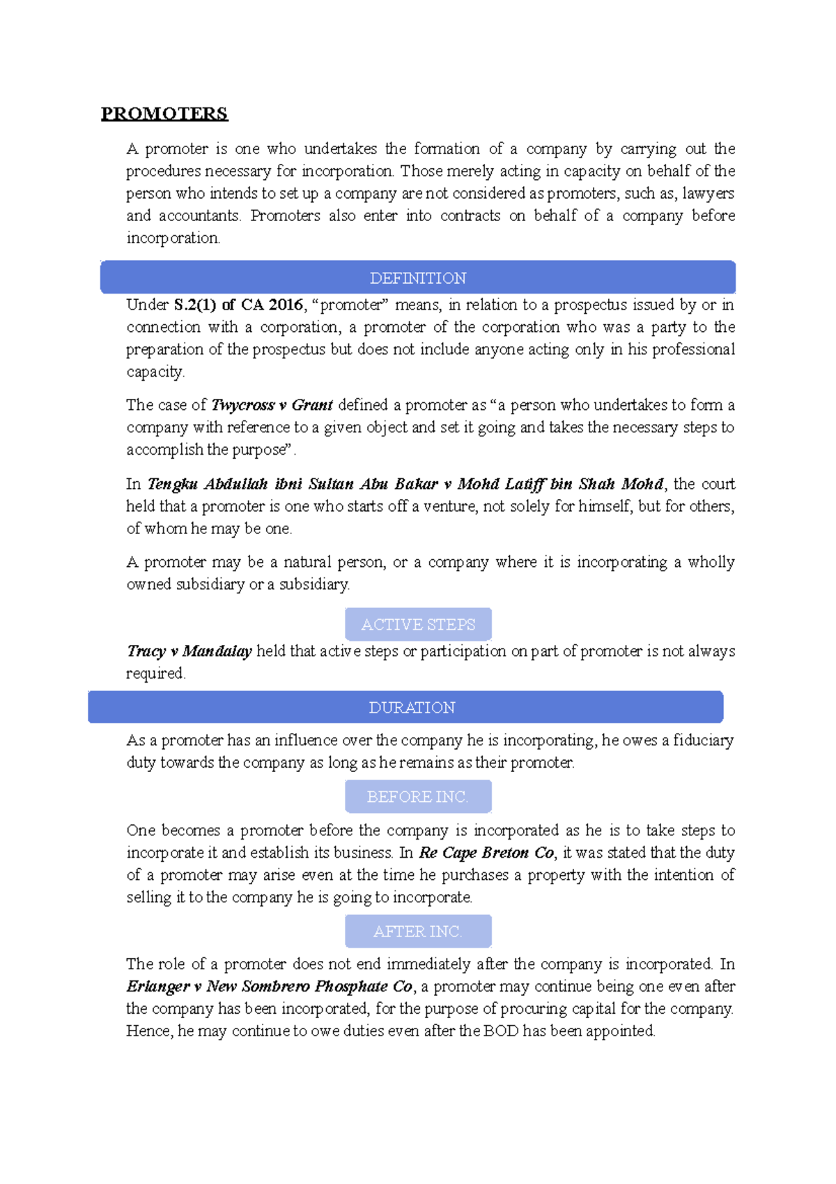 Chapter 2 - Promoters & Pre-Incorporation - PROMOTERS A promoter is one ...