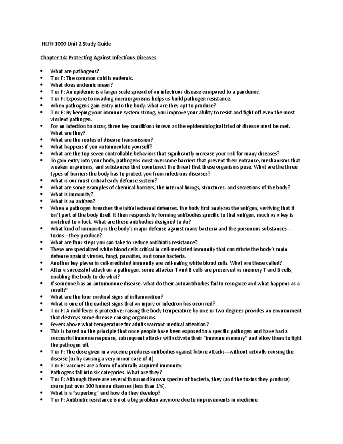 Unit two study guide - HLTH 1000 Unit 2 Study Guide Chapter 14 ...