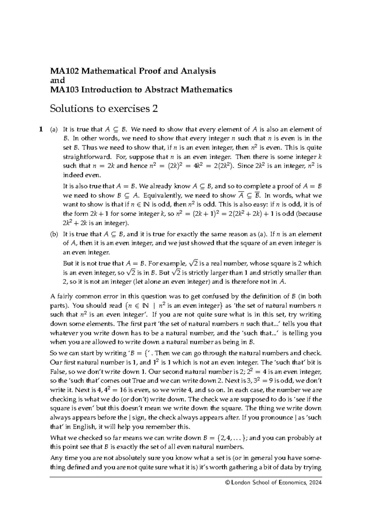 MA102 & MA103 Solutions to Exercises 2: Mathematical Proofs & Analysis - Studocu