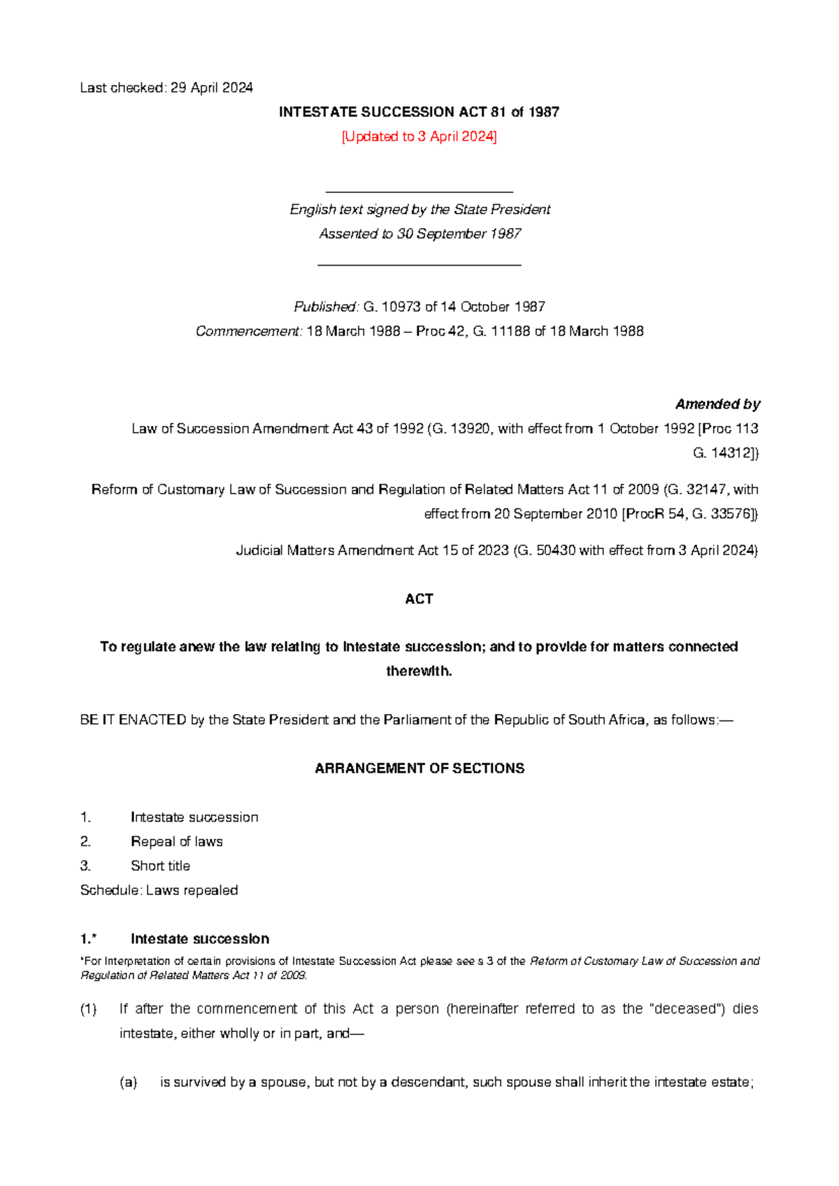 Intestate Succession Act 81 of 1987 - Updated to April 2024 - Studocu