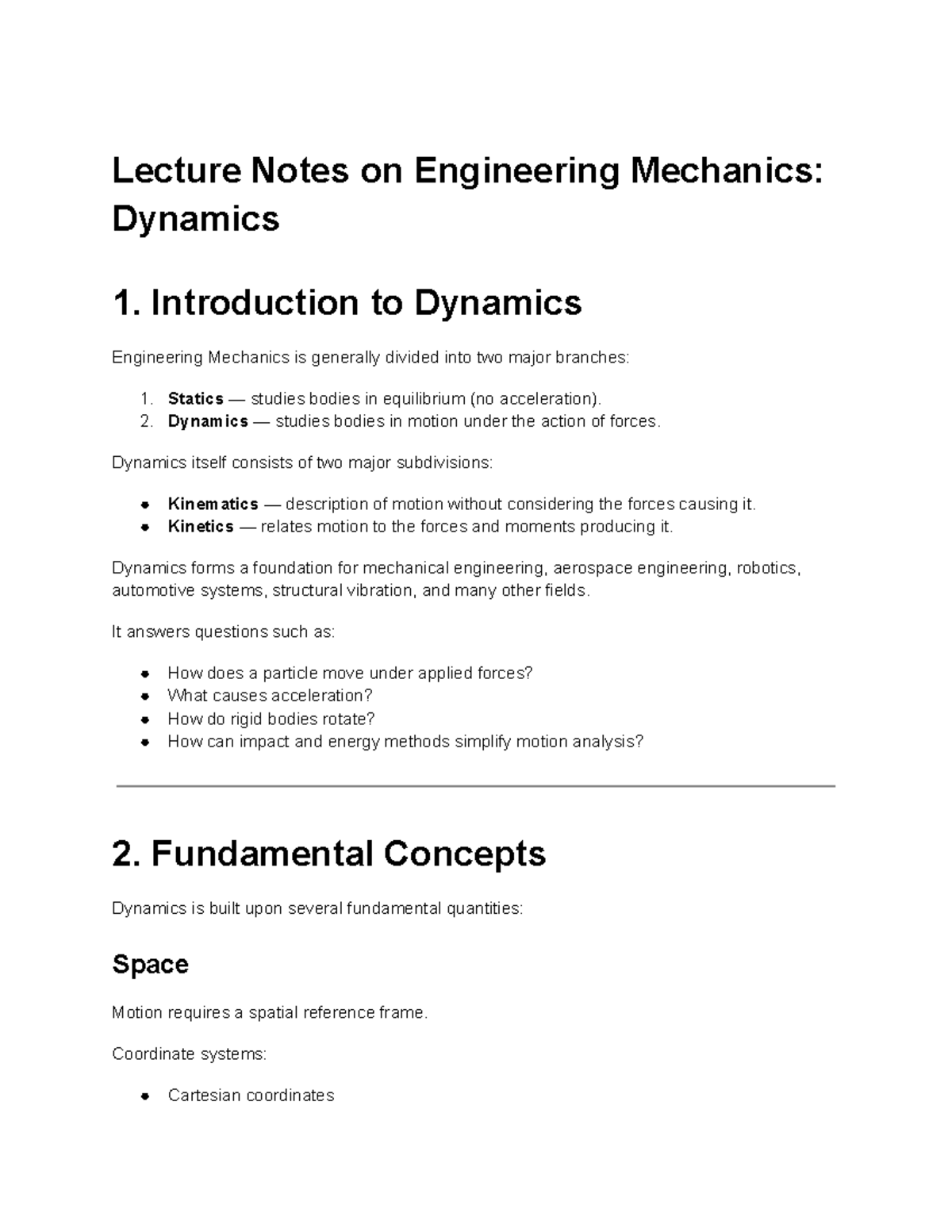 Lecture Notes on Engineering Mechanics: Dynamics (ENGR 101) - Studocu