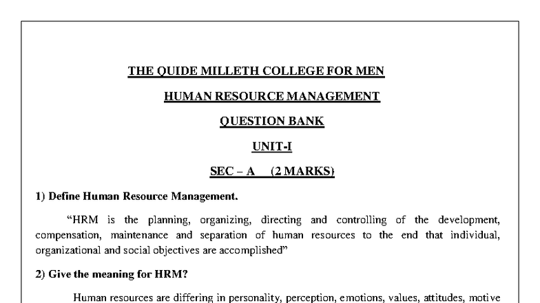 Human Resource Management Question Bank SEC A (2 Marks) - Studocu