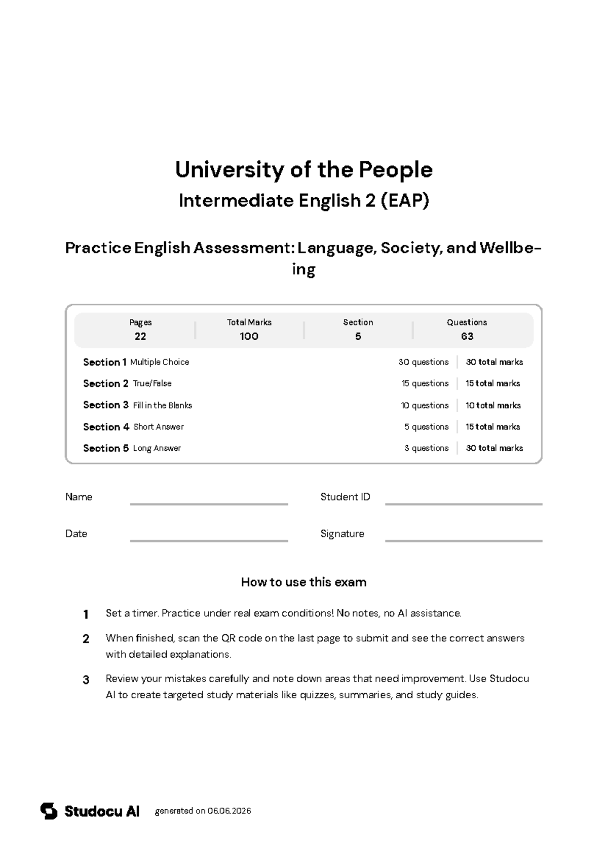 Practice English Assessment: Language, Society, and Wellbeing - Studocu