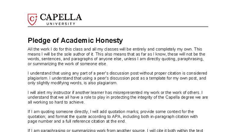 Capella University Academic Honesty Pledge and Guidelines - Studocu