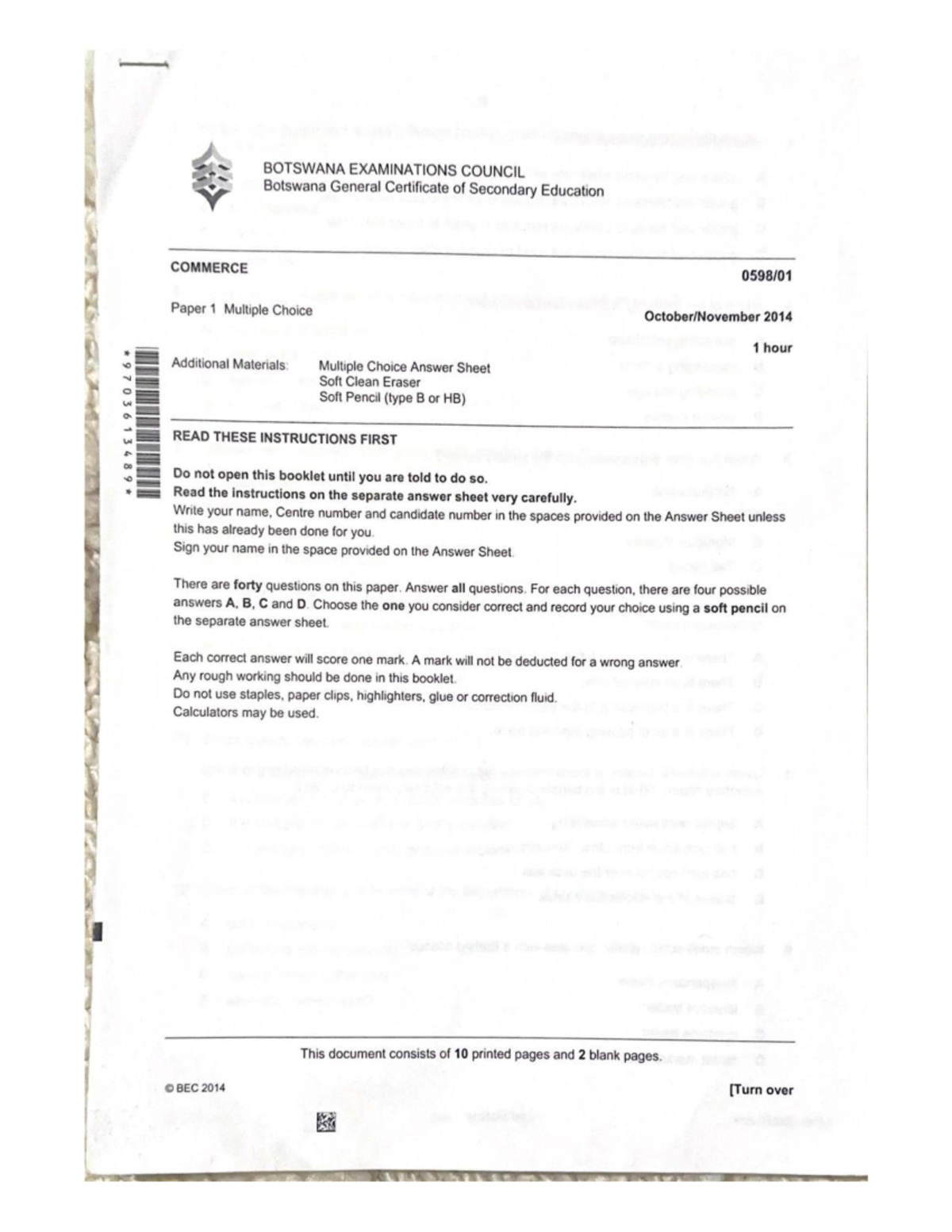 BEC Commerce 2014 Past Paper - Paper 1 Multiple Choice Exam - Studocu