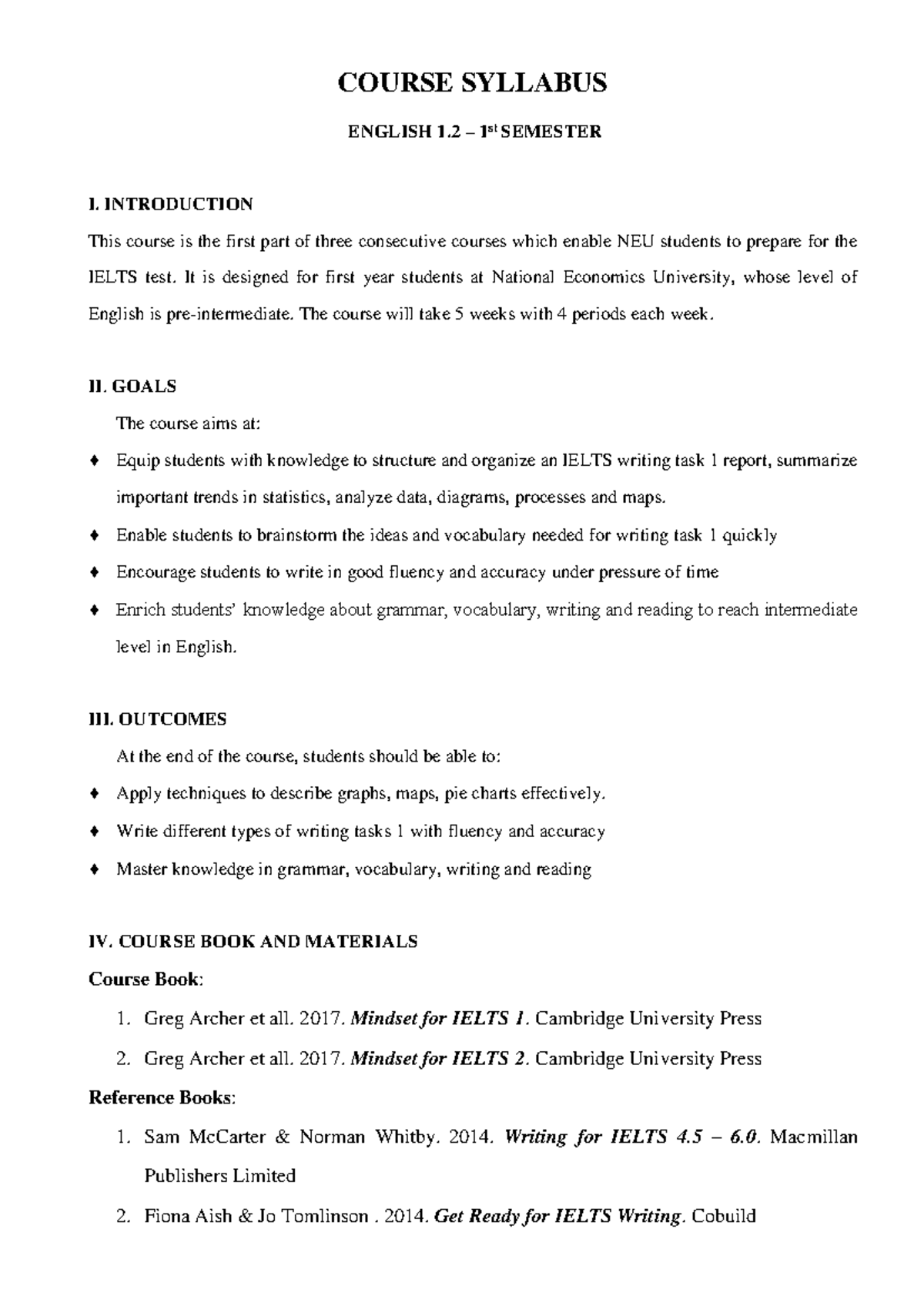 Course Syllabus ENGLISH 1.2 - IELTS Preparation 1st Semester - Studocu