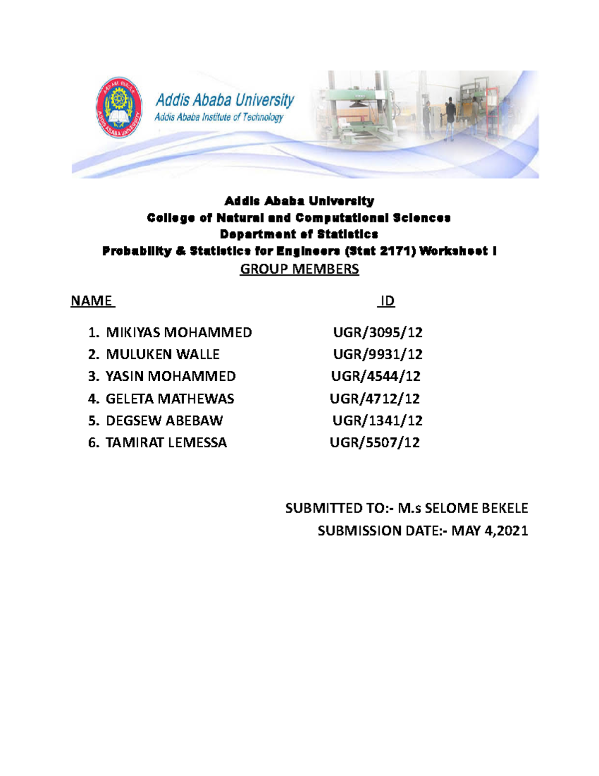 Stat Assignment Worksheet For Introduction To Statics Addis Ababa University College Of