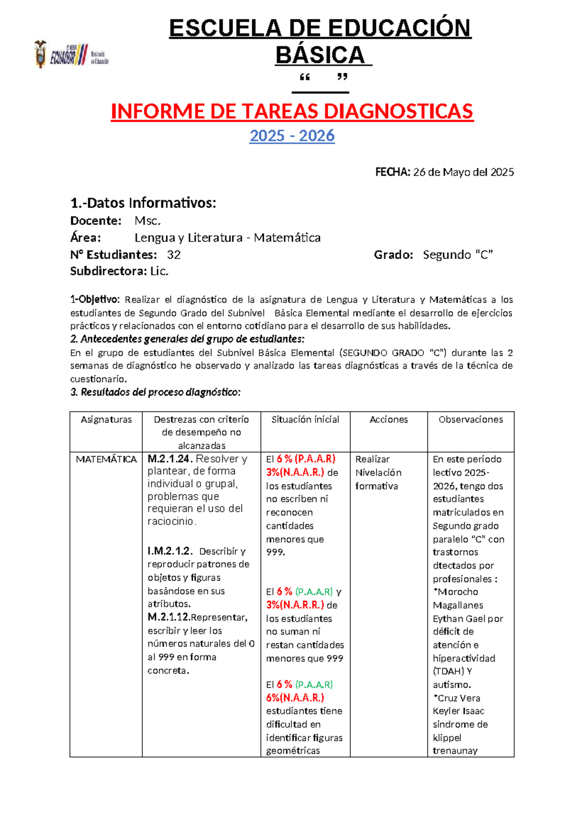 Informe de Tareas Diagnósticas - Segundo Grado "C" 2025-2026 - Studocu